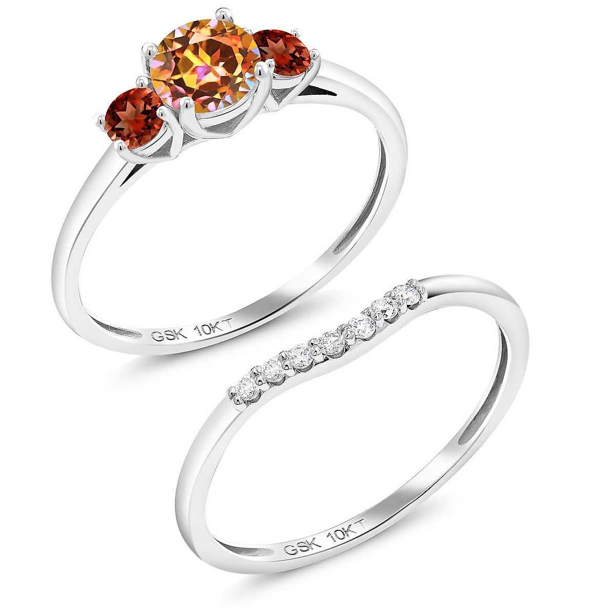 10K White Gold Ecstasy Mystic Topaz and Red Garnet and White Lab Grown Diamond 3-Stone Bridal Engagement Wedding Ring Set For Women (0.86 Cttw, Gemstone November Birthstone, Round 5MM, Size 7)
