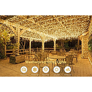 UPOOK Solar String Lights, 100LED Copper Wire Solar Fairy Lights 33Ft 8 Modes Waterproof Outdoor String Lights for Christmas Party Wedding Decoration Patio Garden Yard 2 Pack (Warm White 100LED)