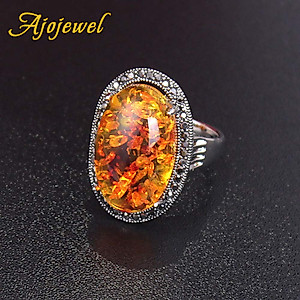 Ajojewel Women Rings With Big Stones Unique Bling Orange Resin Rings Party Wedding Jewelry(white-gold-plated-base, 9)