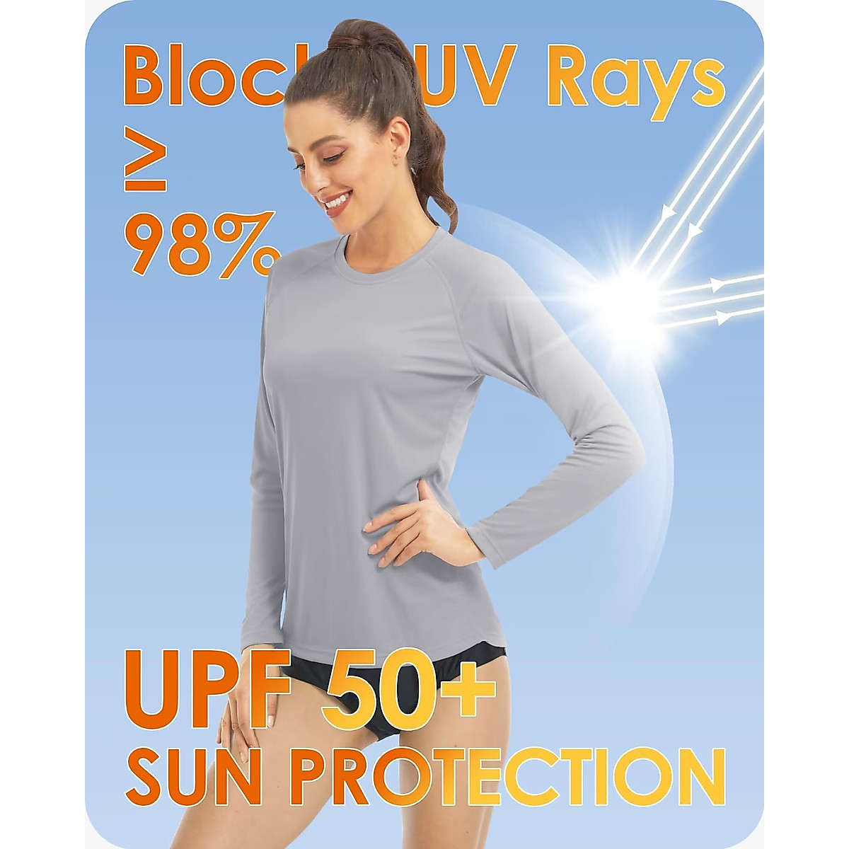 Boladeci Swim Shirt Women Rashguard Long Sleeve Shirt Quick Dry UPF 50+ UV Protection Shirt Outdoor Workout Sport SPF Tops Sun Shirts Light Gray S