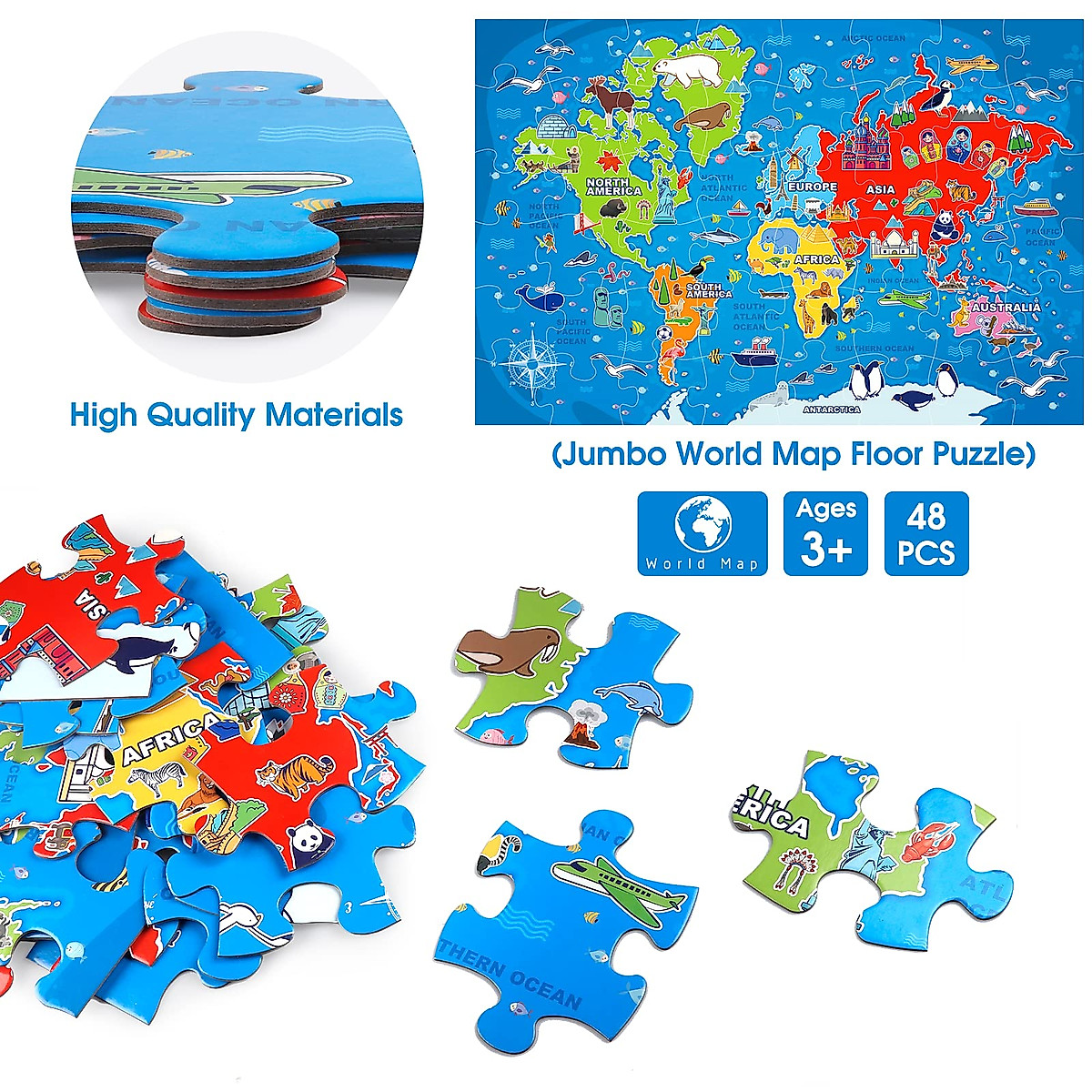 Jumbo Floor Puzzle for Kids,World Map Puzzle Jigsaw Geography Puzzles,48 Piece Globe Atlas Puzzle with Continents,United States Puzzle for Ages 3-5,Preschool Learning Toys Gift for 4-8 Years Old