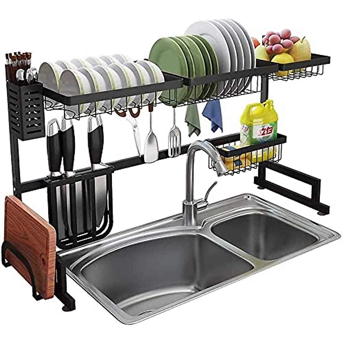 Plate Rack Dish Drainer Rack Over Sink Display Shelf Drainer Stainless Steel Kitchen Supplies Storage Shelf Utensils Holder Pan Plate Holder (Color : Black, Size : 65x32x52cm)