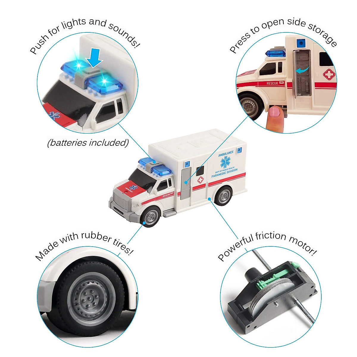 Vokodo Rescue Ambulance Friction Powered 1:20 Scale Toy Car with Lights and Sounds Durable Kids Medical Transport Emergency Vehicle Push and Go Pretend Play Van Great Gift for Children Boys Girls