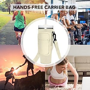 Momocici Cup Holder Carrier Bag with Strap and Pouch for Stanley Quencher 40oz Tumbler. Cup Crossbody Holder Bag Compatible with Stanley Cup for Hiking Travelling Camping.(Cream)