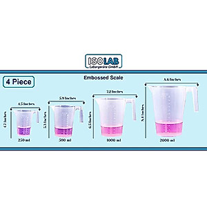 ISOLAB USA - 4 Pieces Premium Set of Laboratory Plastic Beaker With Handle, High Clarity, Polypropylene, Raised Graduations, Autoclavable, Lab Pitchers, (Beakers w/Handle, 4)