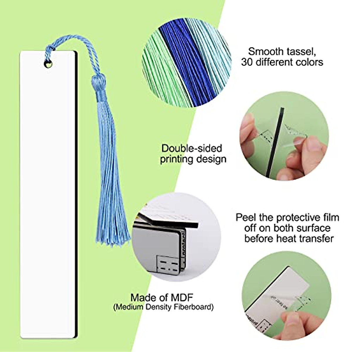Juome 30 Pcs Sublimation Blanks Bookmark, Sublimation Blanks Products with 30 Pcs Colorful Tassels for DIY Bookmarks Crafts Projects Sublimation Accessories, Double Sided Sublimate
