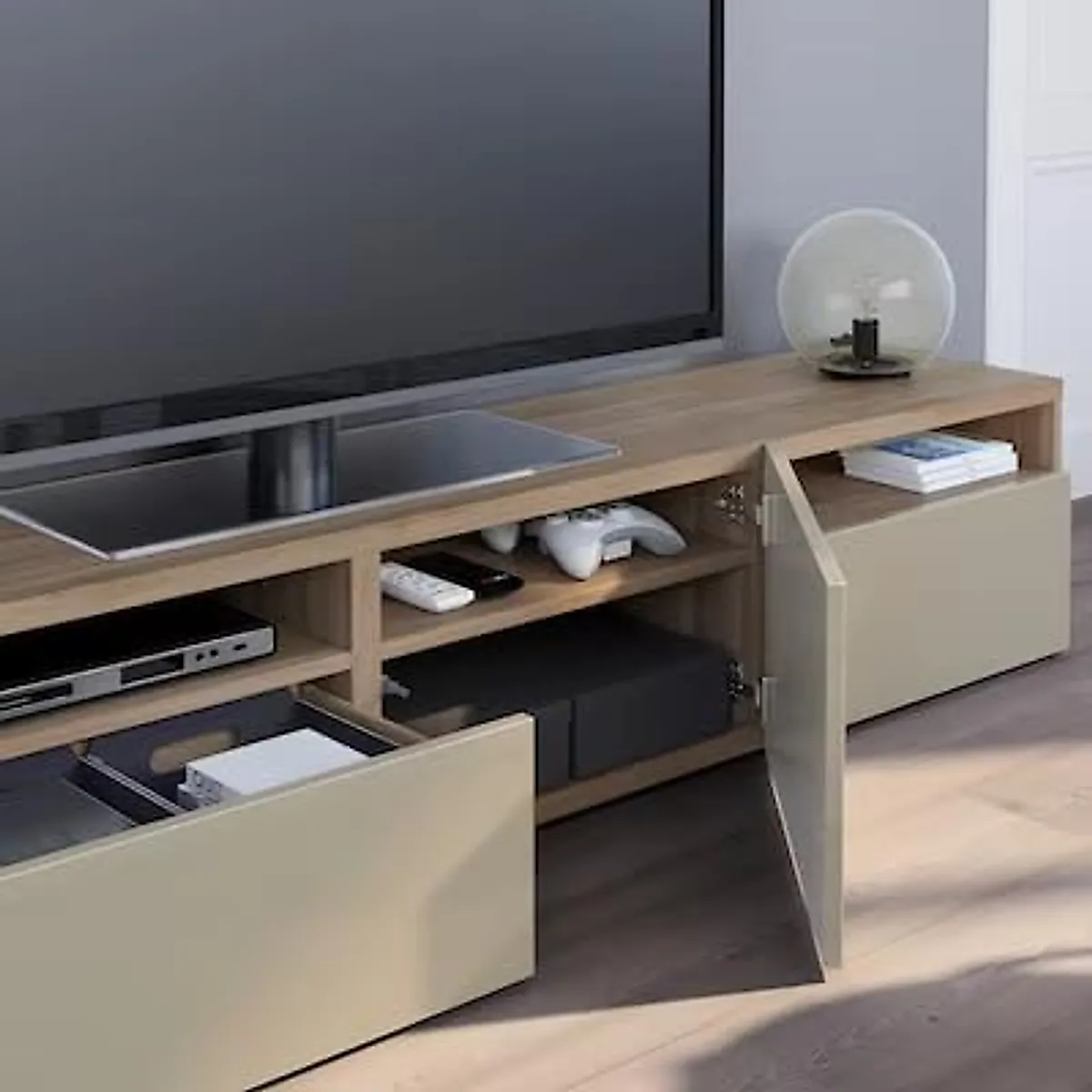 TV Unit with Drawers and Door,Walnut Effect Light Gray/Selsviken high-Gloss/Beige, 70 7/8x16 1/2x15 3/8 "