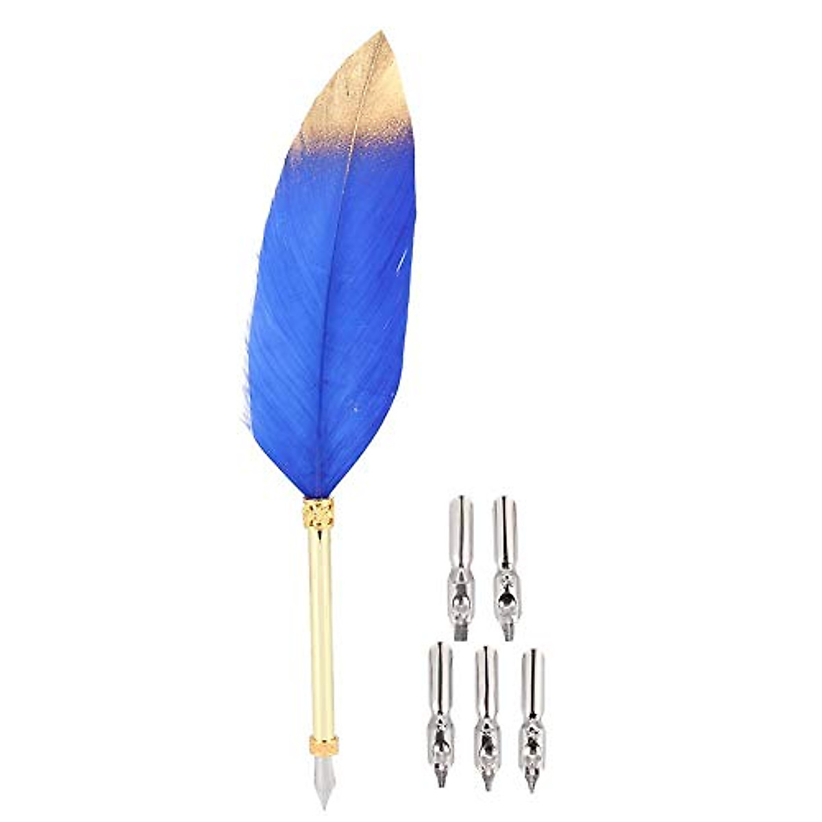 URRNDD Calligraphy Pen Set Retro Classical Style Feather Pen Kit Metal Calligraphic Pen Student Instruction Gift with Storage Box 5 Pen Nibs(Blue)