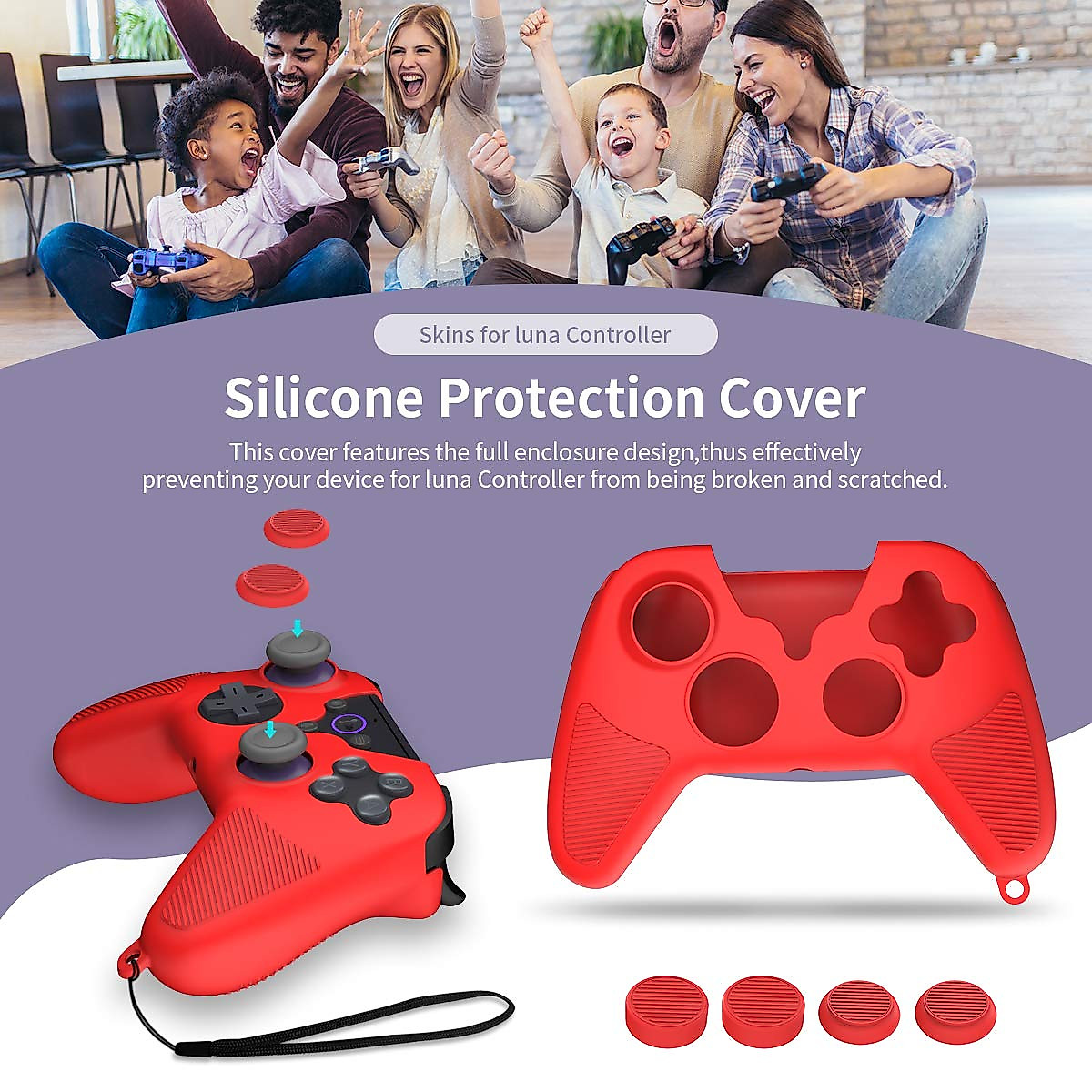 Case for Luna Controller, Alquar Silicone Case Cover for Amazon Luna Controller, Anti-Slip/Shockproof/Dustproof Skin Protective Cover for Luna Game Controller- with Lanyard/Thumb Grip Caps (Red)