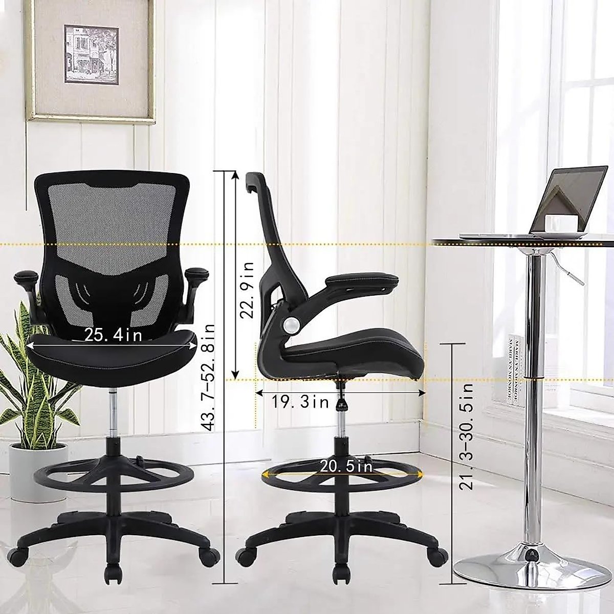 Drafting Chair Tall Mesh Drafting Stool for Standing Desk, Adjustable Bar Height Reception Office Chair with Flip-Up Arms & Foot-Ring, Ergonomic Mesh Computer Drafting Stool for Home Office Working