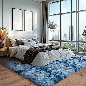Ultra Soft Rug for Living Room, 6X9 Ft Tie-Dyed Blue Fluffy Shag Area Rug for Bedroom, Modern Shaggy Carpets Fuzzy Rug for Teens Dorm, Upgrade Anti-Skid Durable Fuzzy Plush Rug