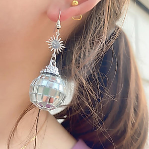 Disco Ball Earrings 60's 70's Silver Mirror Disco Ball Sunflower Pendant Ball Earrings Masquerade Costume Halloween Accessories-B