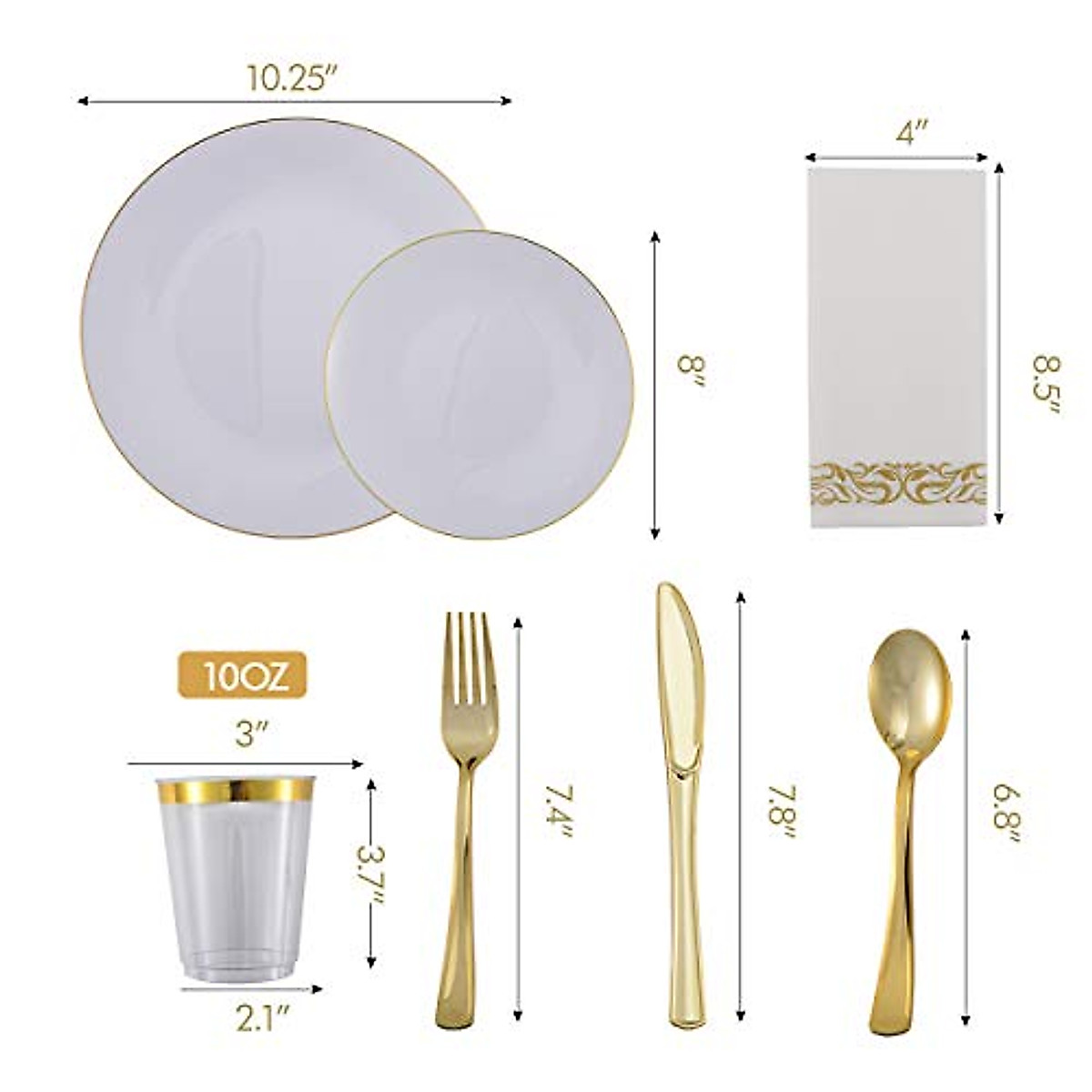 Vplus 175 Count Gold and White Plastic Plates Sets, Disposable Dinnerware Sets for Wedding Party