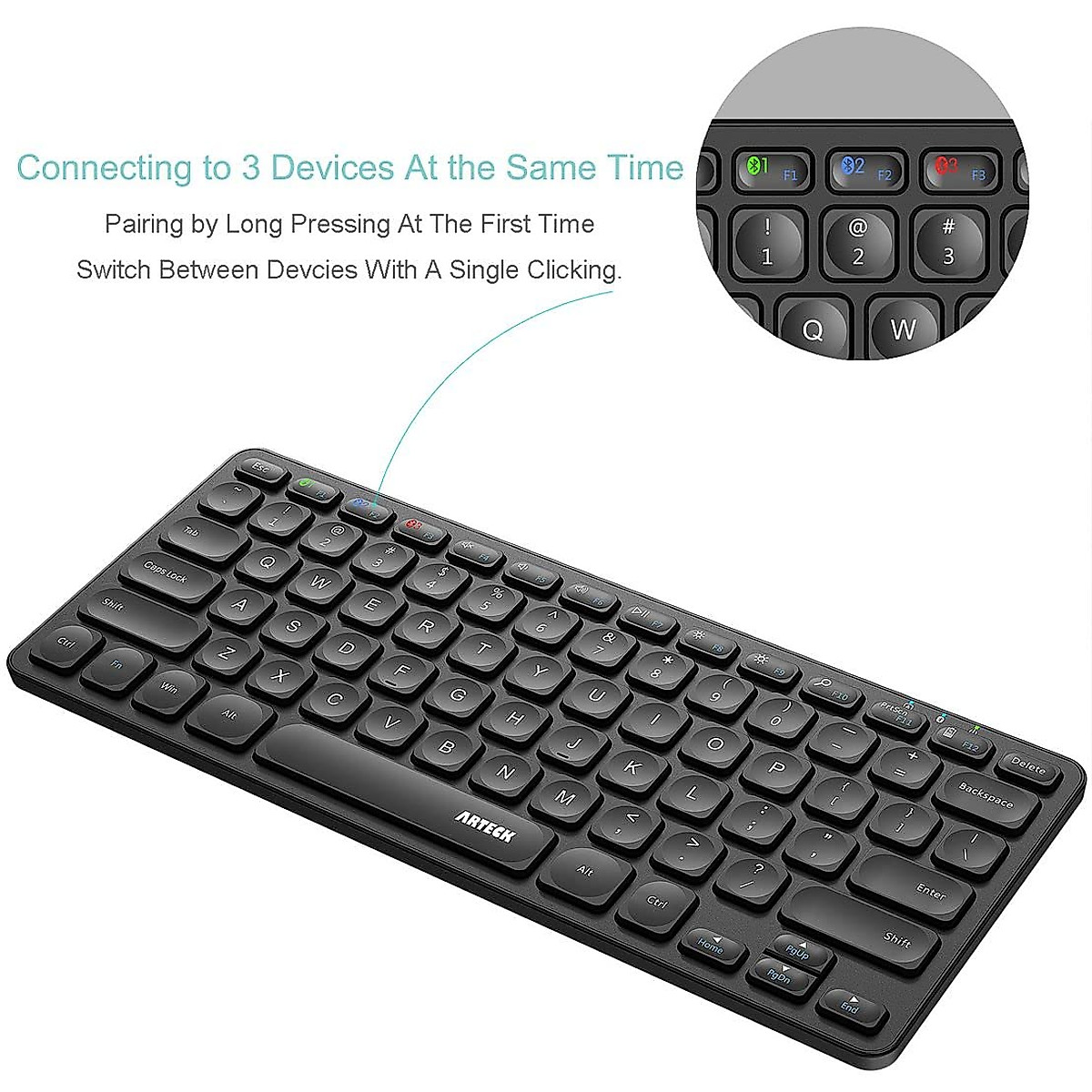 Arteck Universal Multi-Device Bluetooth Keyboard Ultra Slim and Compact Wireless Bluetooth Keyboard with Media Hotkeys for Windows iOS iPad OS Android Computer Desktop Laptop Surface Tablet Smartphone