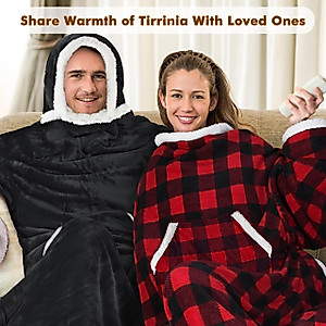 Tirrinia Sherpa Hood Wearable Blanket for Adult Women and Men, Super Soft Comfy Warm Plush Throw with Sleeves TV Blanket Wrap Robe Hoodie Cover for Sofa, Couch 72" x 55" Black