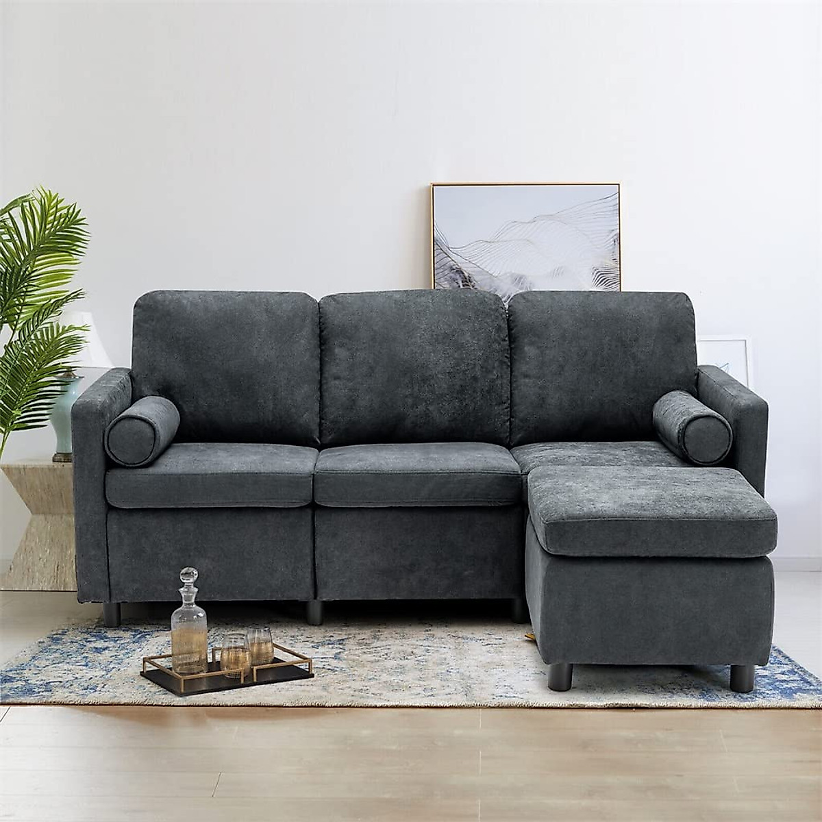 FANCUF Convertible Sectional Sofa 3 Seat L-Shape Couch Movable Ottoman Toweling Fabric