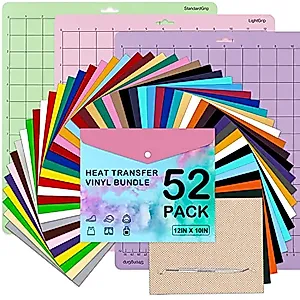FURWEY HTV Heat Transfer Vinyl Bundle: 52 Pack 12" x 10" Iron on Vinyl for T-Shirt, 30 Assorted Colors with HTV Accessories Tweezers, HTV Vinyl Sheets