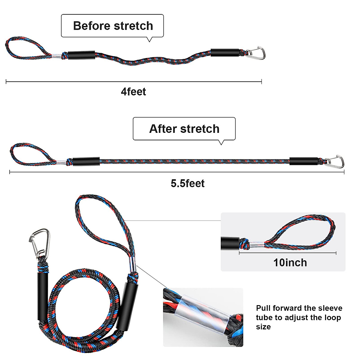 Botepon Marine Bungee Dock Lines, Boat Dock Rope, Jet Ski Accessories with Stainless Clip for for Jet Ski, SeaDoo, Yamaha WaveRunner, Kayak, Pontoon Boat, Dinghy (4 Feet)