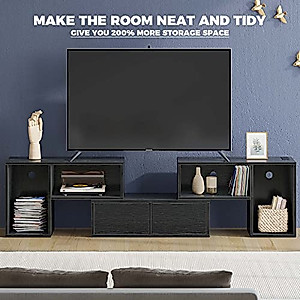 Rolanstar TV Stand, Deformable TV Stand with LED Strip & Power Outlets, Modern Entertainment Center for 45/50/55/60/65/70 inch tvs, 3 Pieces TV Stand with Open Storage and 2 Storage Cabinet, Black