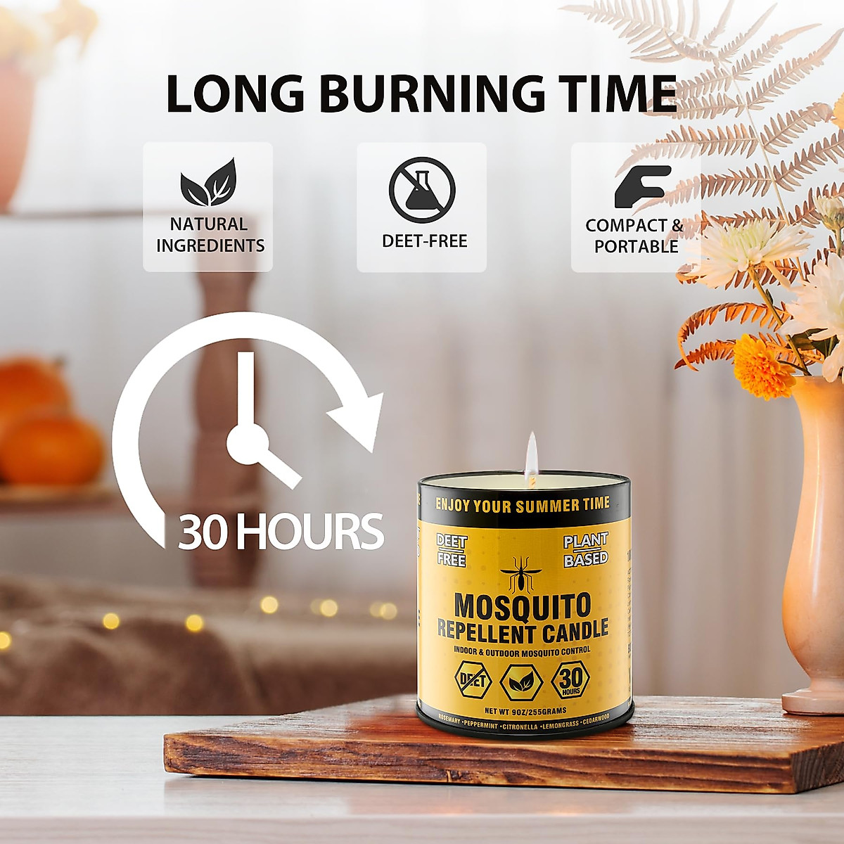 BugBai Natural Plant-Based Mosquito Repellent Candle, DEET Free Mosquito Citronella Candles Indoor and Outdoor Bug Insect Repellent Burns 30 Hours for Patio, Yard, Picnic, Camping (9oz | 2 Pack)