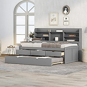 Merax Twin Size Wooden Captain Bed with Built-in Bookshelves, Three Storage Drawers and Trundle, Light Grey