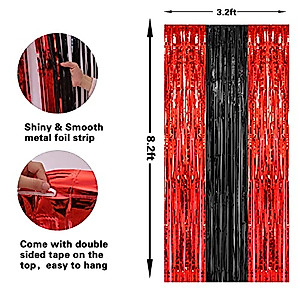PIGETALE, 2 Pack 3.2x8.2 Feet Black and Red Foil Fringe Curtains Party Decorations, Tinsel Curtain Backdrop Streamers for Birthday Graduation Fiesta Stranger Theme Halloween Christmas Party Supplies