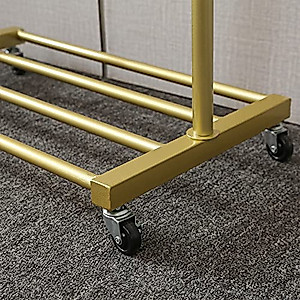 BOTAOYIYI Gold Clothing Garment Rack with Lockable Wheels, 3-in-1 Rolling Clothes Rack for Hanging Clothes, 5 Side Hooks and Bottom Shelves Organizing Clothes,Shoes,bags,hats
