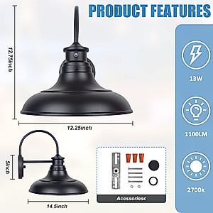 Dusk to Dawn LED Outdoor Barn Lights - 2 Packs Farmhouse Gooseneck Exterior Light Fixture Wall Mount, 12.25" Large Black Porch Lights, Outside Wall Lights for House Garage Patio Doorway (13W 2700K)