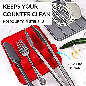 UHMER Silicone Spoon Rest for Multiple Utensils, Heat Resistant Utensil Rest for Stovetop, BPA-free Kitchen Utensil Holder with Drip Pad (Red)