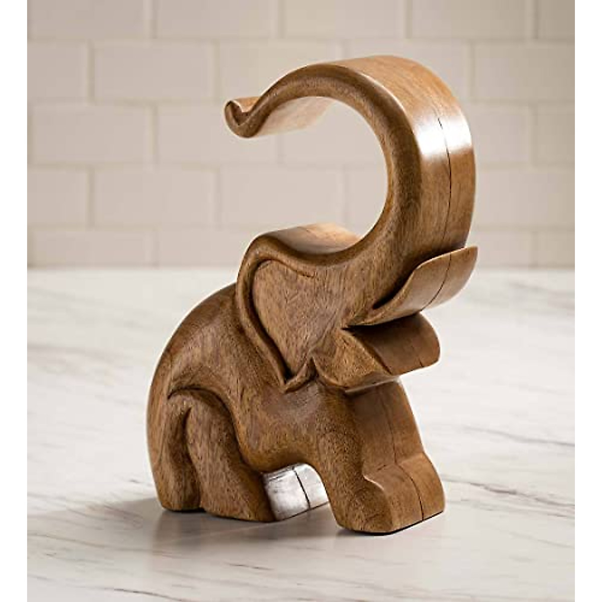 VivaTerra Hand-Carved Wooden Elephant Wine Bottle Display, 5"L x 4"W x 9"H, Elephant Wine Rack Carved in India from Mango Wood, Saluting Elephant Wine Holder