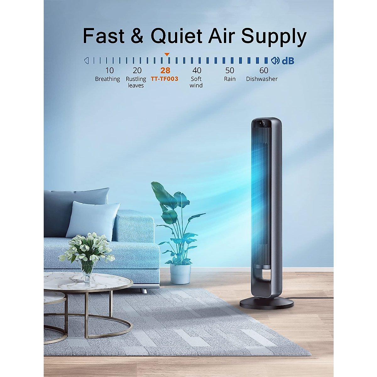 Delvit Tower Fan，90° Oscillating Fan with 12 Speeds, 4 Modes, Night Light, 12H Timer, LED Display，28db Quiet Portable Bladeless Fan Remote control for Bedroom, Living Room & Office
