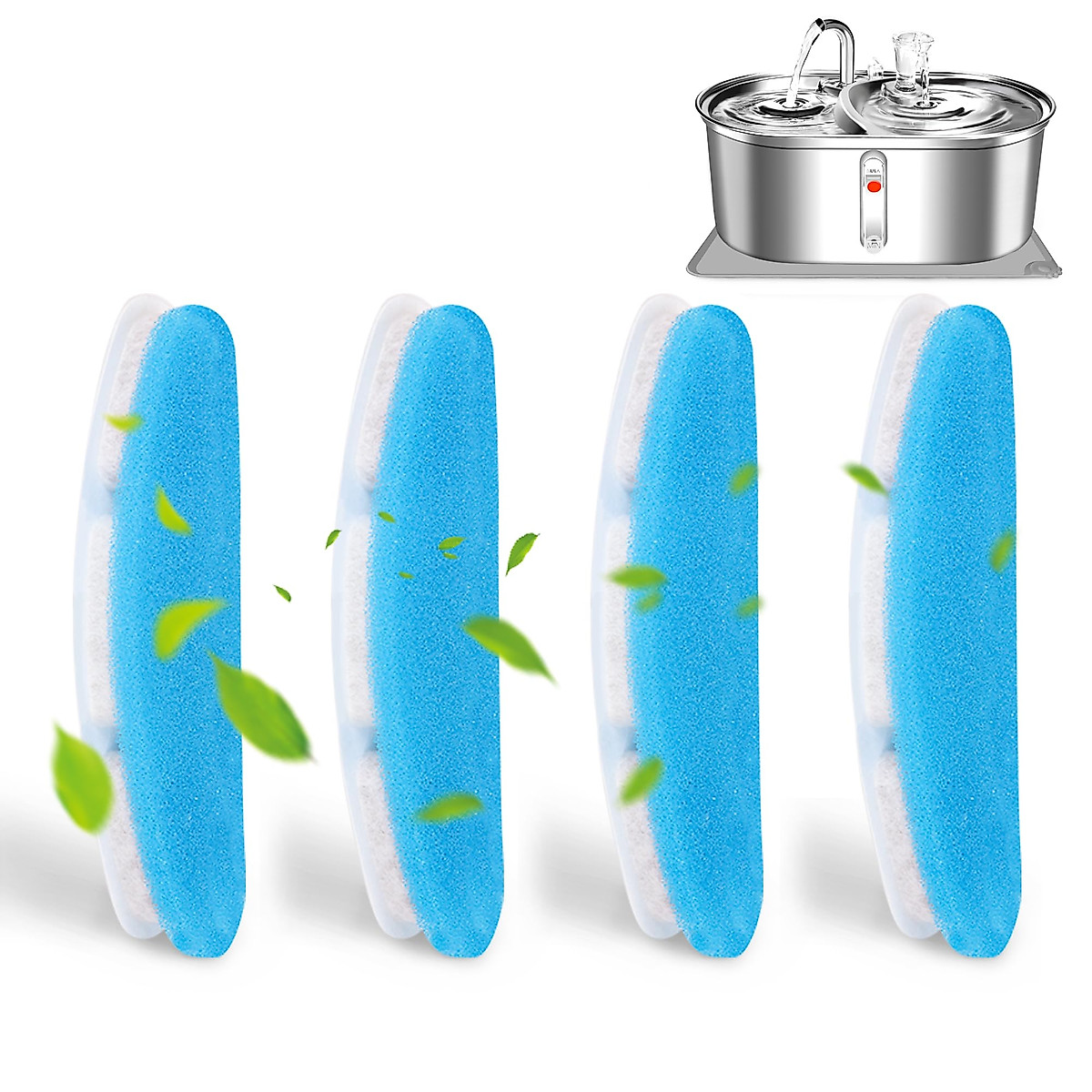 Easterville 4 PCS Replacement Filters for Stainless Steel Cat Water Fountain, Two Spout Pet Water Fountain Four Filtration Filters, 3L/101oz Dog Water Dispenser, 4 x Carbon Filter, 4 x Sponge Filter