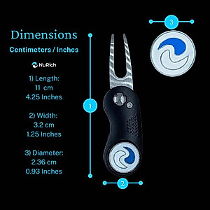 NuRich Golf Divot Repair Tool and Magnetic Ball Marker Golfer Accessory, Kids Men and Women All-Metal with Pop Up Button Golf Ball Marker Tools | Carry Inside Golf Bag or in Golfer Pocket