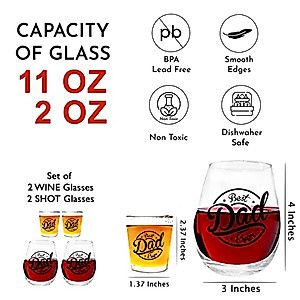 BISYATA Best Dad - Wine Glasses & Shot Glasses Gift Set - Best Dad Ever - Unique Novelty Gift for Fathers Day, Birthday. Two-11oz Wine Glasses and Two-2oz Shot Glasses - With Gift Box
