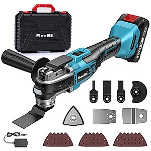 Seesii 21V Cordless Oscillating Tool, Brushless Oscillating Saw with 6 Variable Speeds, 3° Oscillation Angle, Quick-Change Multi-Tool, 24PCS Accessories, 2.0Ah Battery for Cutting, Sanding, Scraping