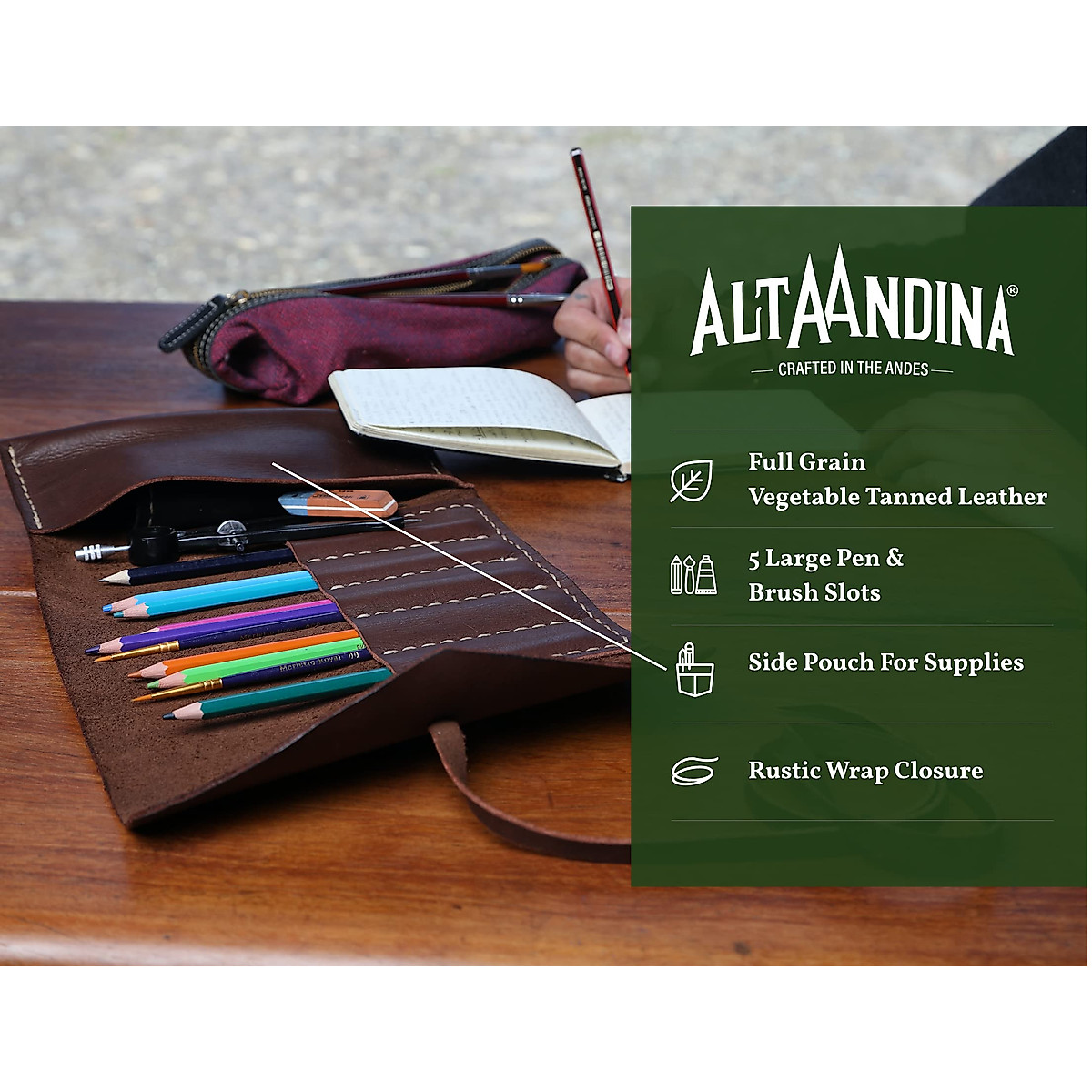 Alta Andina Leather Pen & Pencil Case | Vegetable Tanned Leather Roll Up | 5 Slots & Pouch for Pens, Brushes | Art, Stationary, & Makeup Organizer (Black – Noche)