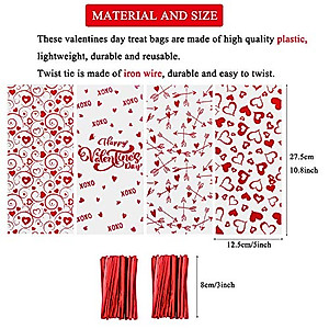 JOZON 200 Pieces Valentine's Day Cellophane Candy Bags with Twist Ties 4 Styles Valentines Day Cellophane Treat Bags Cello Candy Bags Cookie Bags Goodie Bags for Valentines Party Favor Supplies