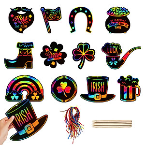 UJSGK St. Patrick's Day Scratch Paper Arts Crafts for Kids 12PCS Scratch Paper Art Set St Patrick Lucky Clover Green Scratch Off Cards Festivals Magic Rainbow Scratch Art Accessories