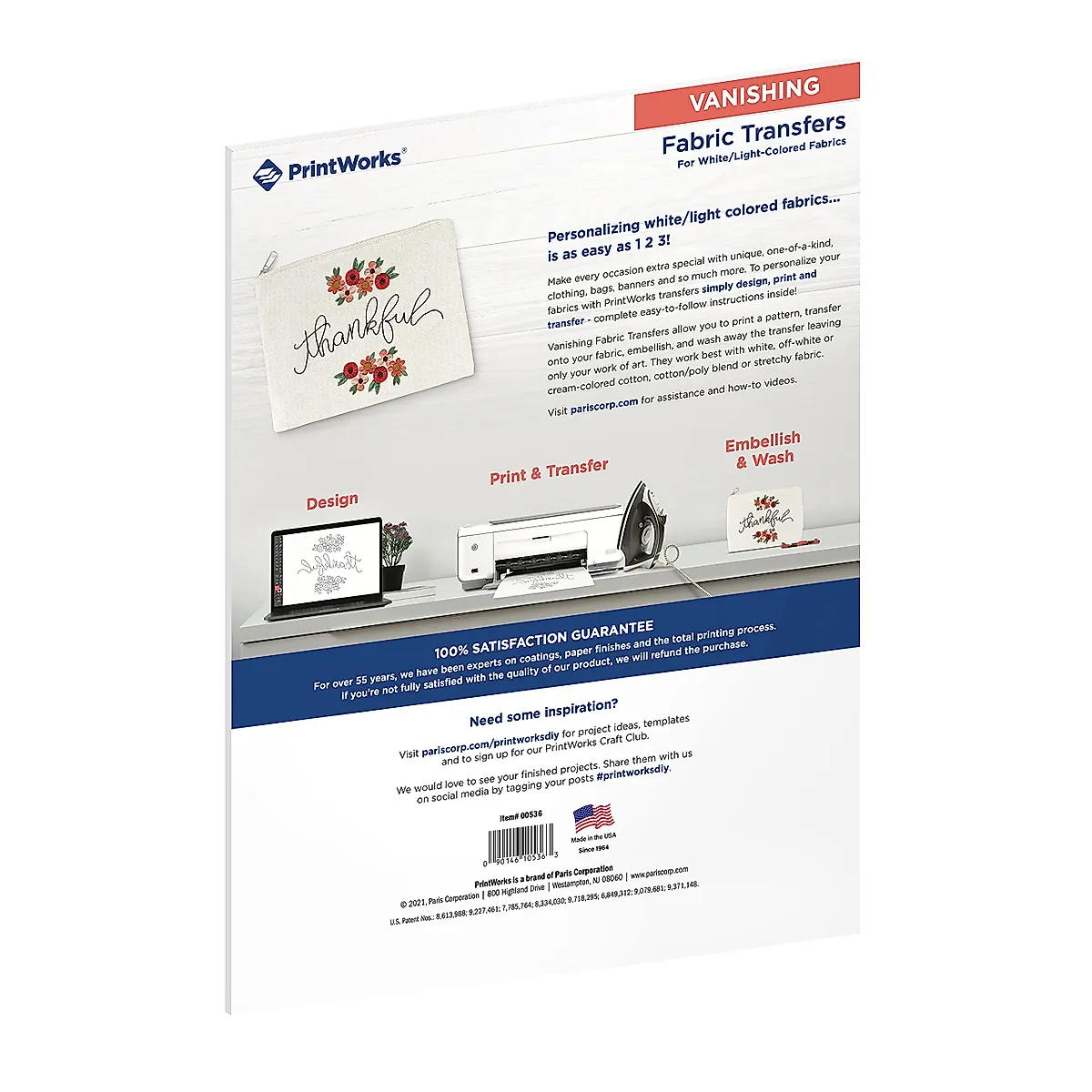 Print Works Vanishing Embroidery Transfers, for White/Light-Colored Fabrics, 5 Sheets, Inkjet, 8.5 x 11 (00536)