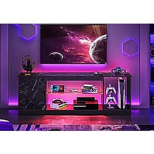 Bestier LED TV Stand for PS5,Modern Gaming Entertainment Center with Cabinet for 60/65 Inch TV,Easily Assemble TV Corner Console with Adjustable Glass Shelf for Living Room Bedroom Black Marble