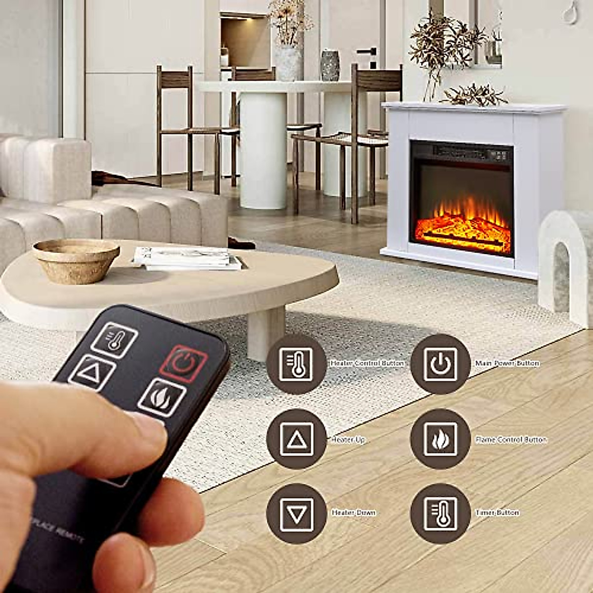 25 Inch 1400W Deluxe Electric Fireplace Mantel Heater, Wooden Freestanding Portable Patio Hearth Space Stove with Remote Control & Realistic Flames Remote Control for Home Room Indoor-White