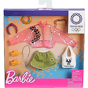 Barbie Storytelling Fashion Pack of Doll Clothes Inspired by The Olympic Games Tokyo 2020: Pink Transparent Jacket, Shorts and 6 Accessories Dolls, Gift for 3 to 8 Year Olds