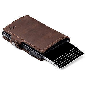 Conceal Plus Wallet for Men, Pop Up Wallet Credit Card Holder - RFID Blocking, Slim Minimalist Credit Card Case (Distressed Brown Genuine Leather)