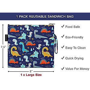 Reusable Sandwich Bag/Snack Bag for Kids & Adults, Dual Layer Lunch Bag with Handle, Washable, Food Safe, BPA Free (1-Pack, Dinosaur)