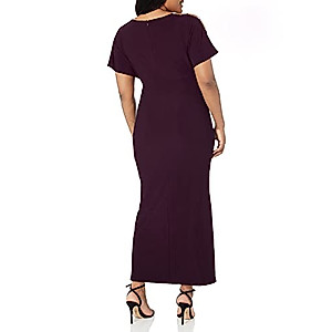 Alex Evenings Women's Long Knot Front Dress with Embellished Short Sleeve, Eggplant, 12