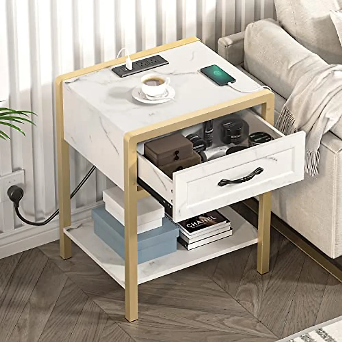 IDEALHOUSE Nightstand, White and Gold Night Stand with Charging Station, Side Table Bedside Table with Drawer, End Table with Storage Shelf for Bedroom, Living Room, Dorm (White(1 Pack))