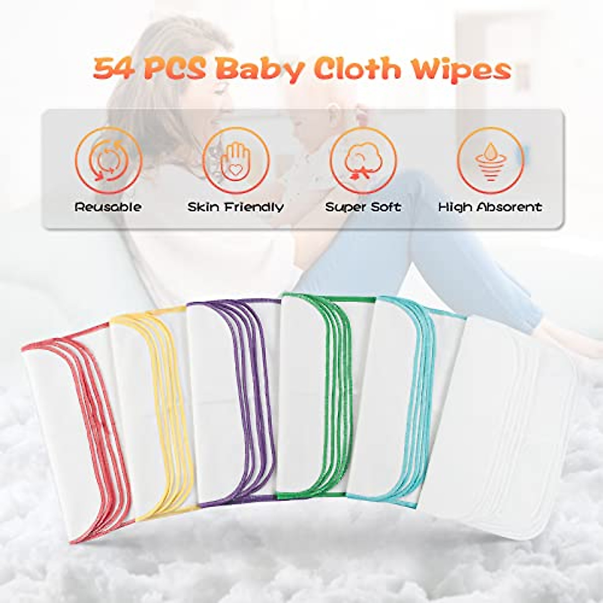FAMOPLY 54 Pack Flannel Cloth Baby Wipes with Dispenser, Reusable natural skin-friendly baby wipes, Body Face Hand Washcloth Essential for Cloth Diapers 8x8 inch