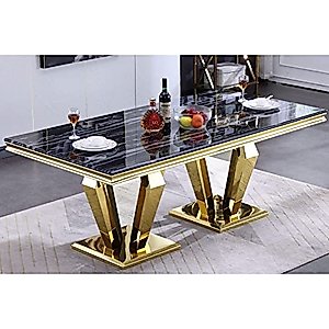 ACEDÉCOR Modern Dining Table, 78 inches Rectangular Dining Room Table for 6 to 8, Double Pedestal Dining Table in Black Gold