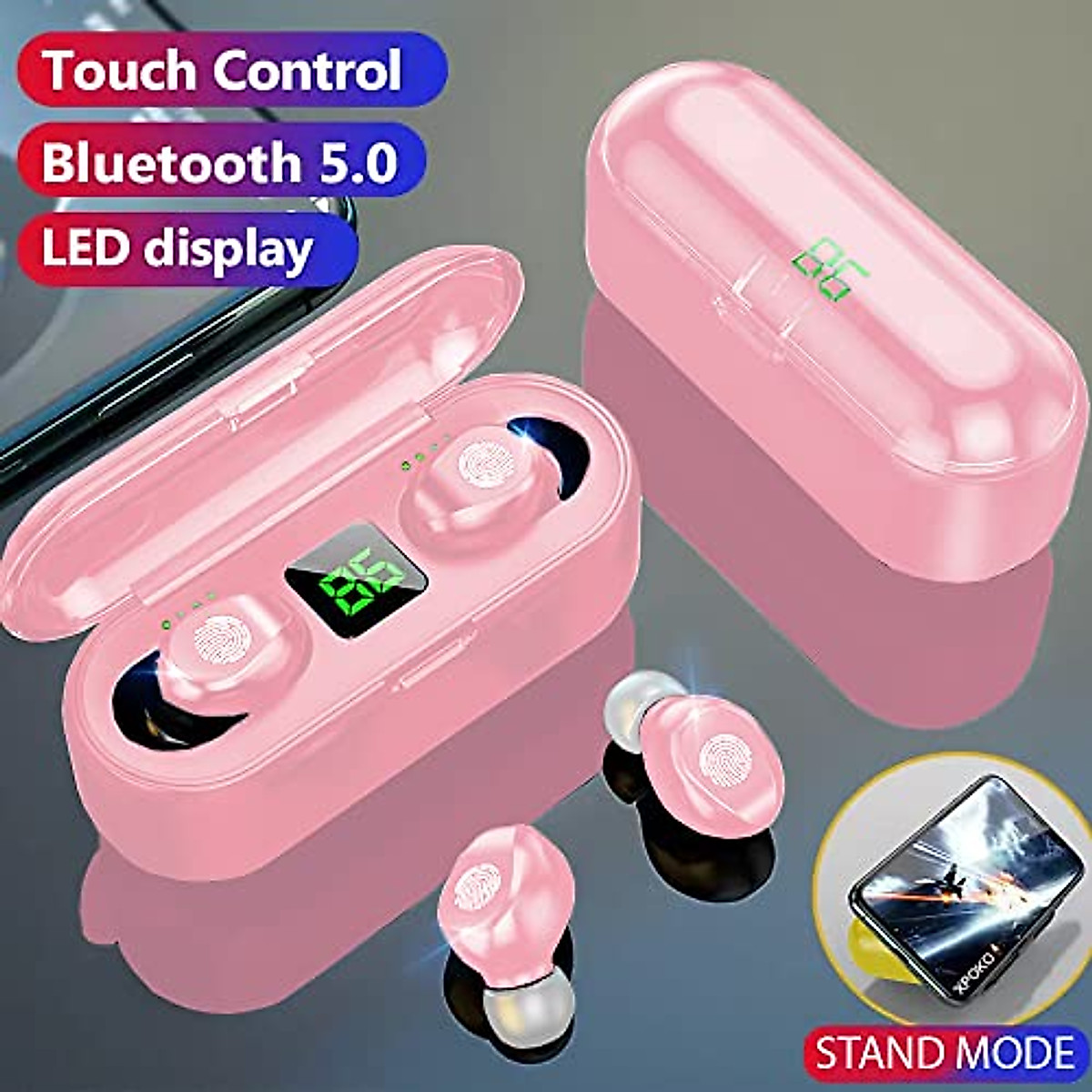 Acuvar Fully Wireless Bluetooth 5.0 Rechargeable IPX7 Waterproof Earbud Headphones w Microphone, 2000mAh USB Smart Dual Charging Case/Stand Surround Stereo Bass and Passive Noise Cancelling (Pink)