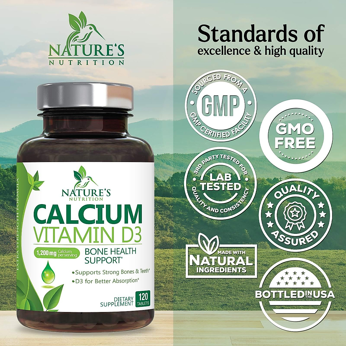 Calcium 1200 mg Plus Vitamin D3, Bone Health & Immune Support - Nature's Calcium Supplement with Extra Strength Vitamin D for Extra Strength Carbonate Absorption Dietary Supplement - 120 Tablets